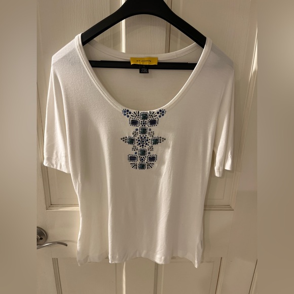 St. John | Tops | St John White Tee With Blue And Green Accents | Poshmark